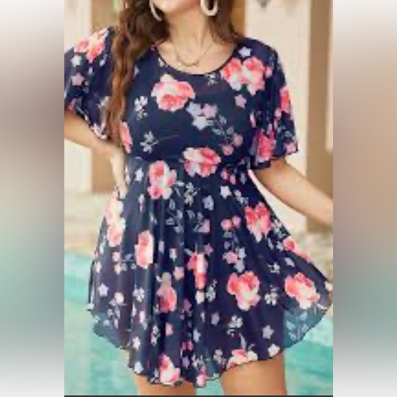 BloomChic | Swim | Bloomchic Navy Floral Swim Dress | Poshmark